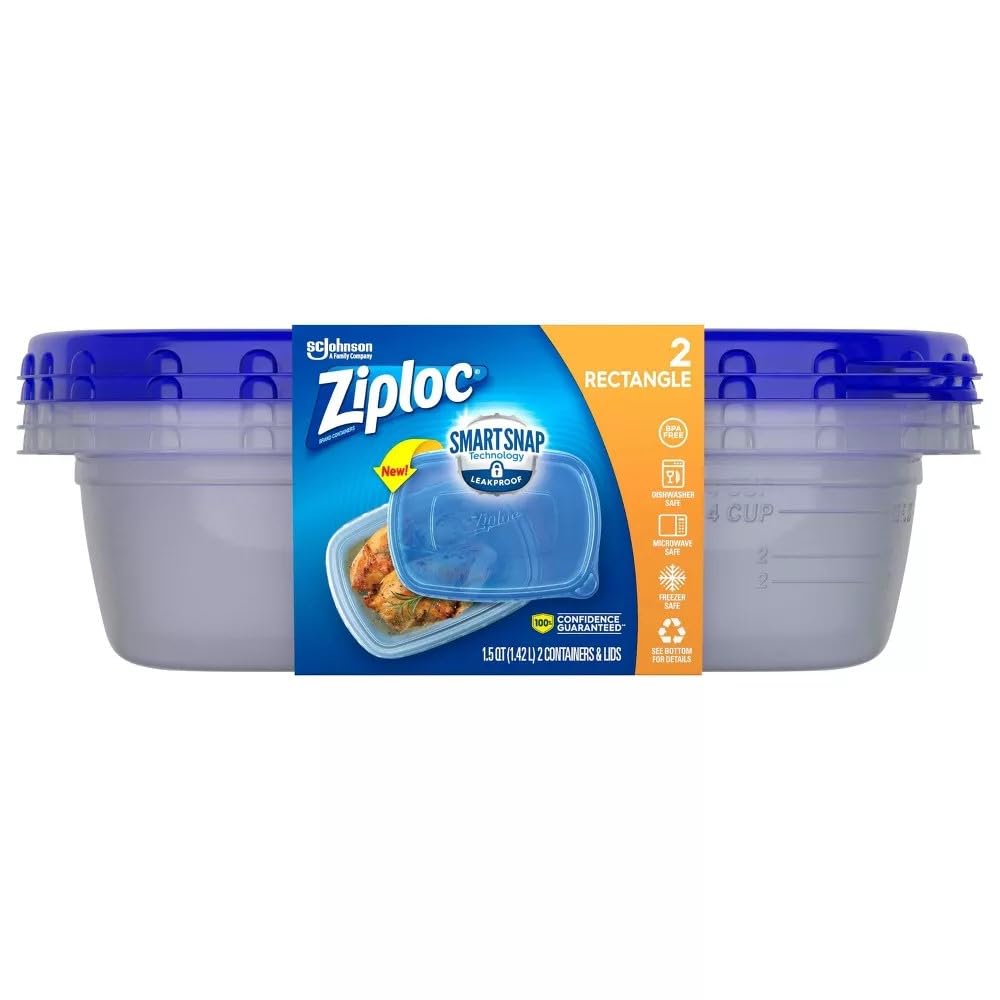 Ziploc Food Storage Meal Prep Containers with Smart Snap Technology, Rectangle, 1.5 QTS, 2 Count, Pack of 3, Clear