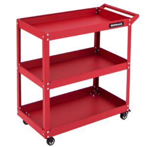 ironmax 3 tier utility cart, heavy duty steel push service cart with lockable 360 degree casters, 3 shelf tool cart on wheels for garage office workshop warehouse kitchen (red)