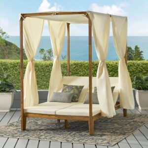 merax outdoor daybed patio chaise lounge,acacia wood sunbed with adjustable seats,overhead curtains and thick cushions for backyard, cream