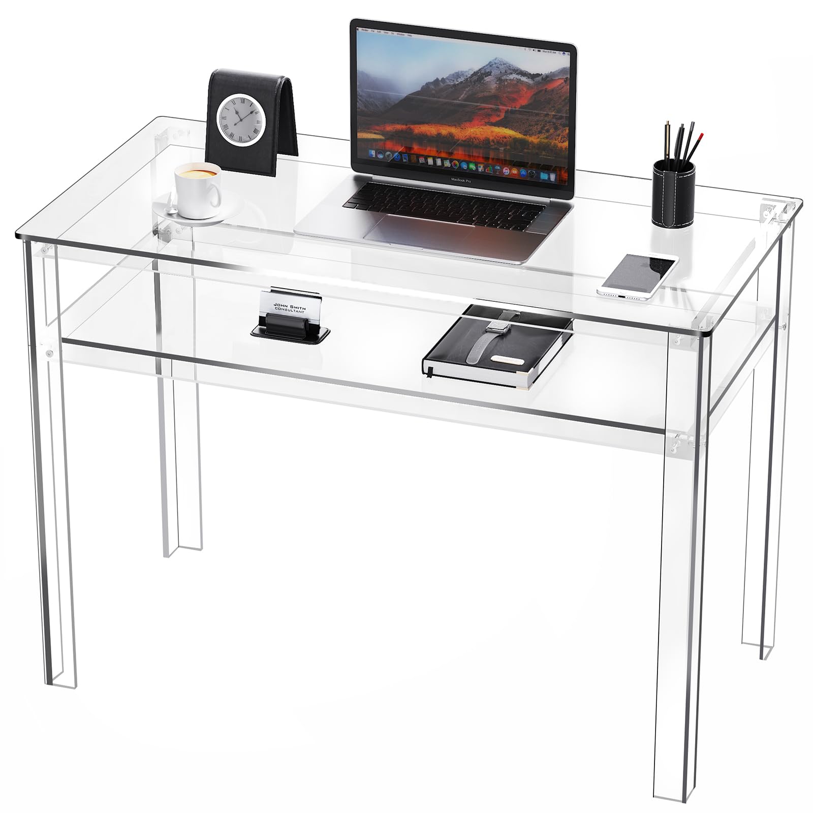 solaround Clear Acrylic Desk with Open Storage, Home Office Computer Writing Desk Office Study Table (Clear, 39.4'' x 19.7'' x 29.5'')