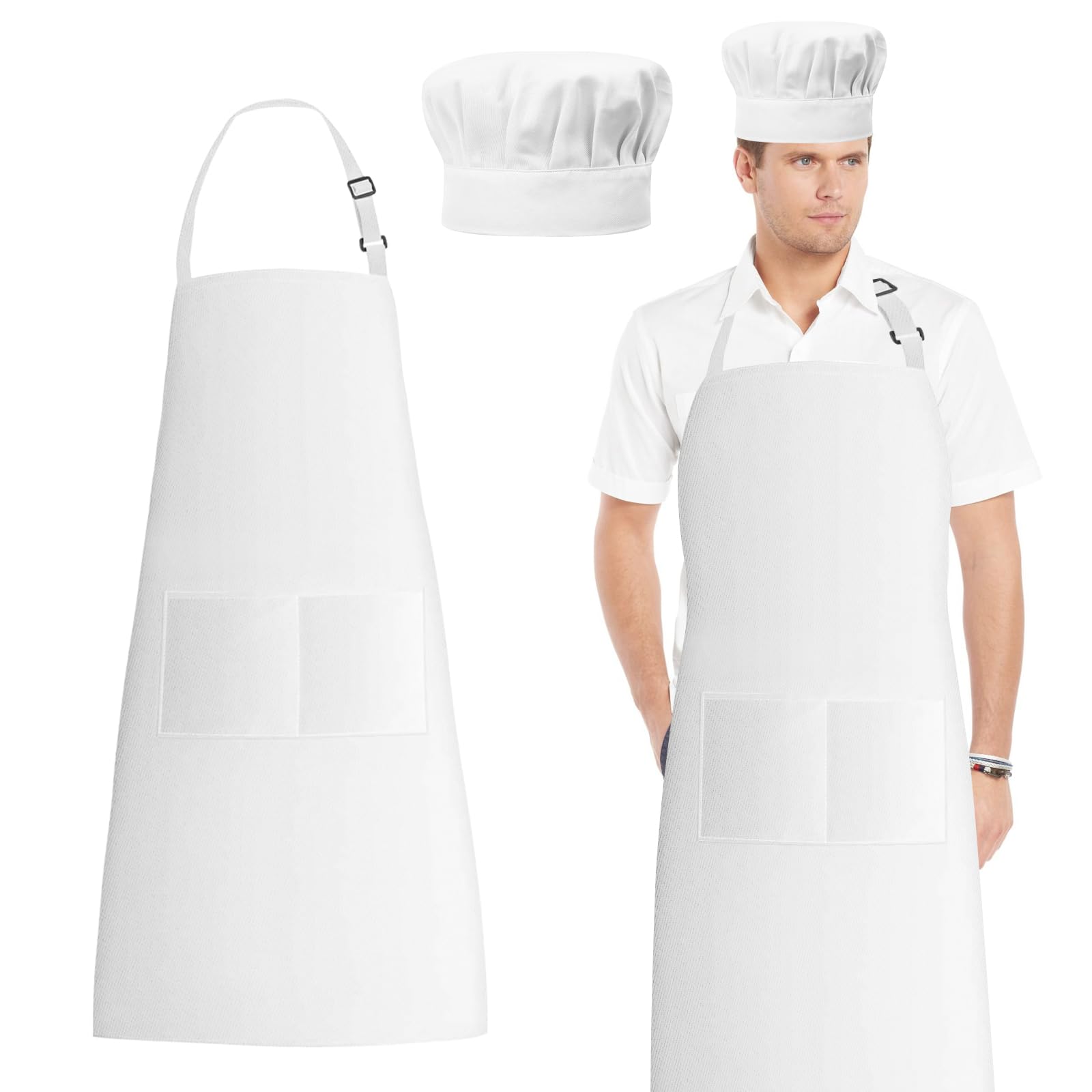 White Chef Apron and Hat Set, Chef Hat and Kitchen Apron with Front Pockets for Adult, Adjustable Apron Baker Costume for Cooking, Baking, Grilling, Restaurant, Men Women Halloween Cosplay Accessories