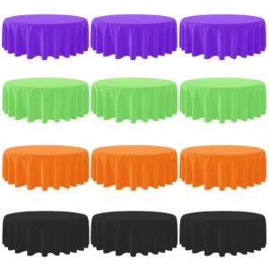 rainmae 12pcs halloween disposable plastic tablecloth for round tables, 84in waterproof table covers for halloween indoor outdoor events and parties(black purple orange green)