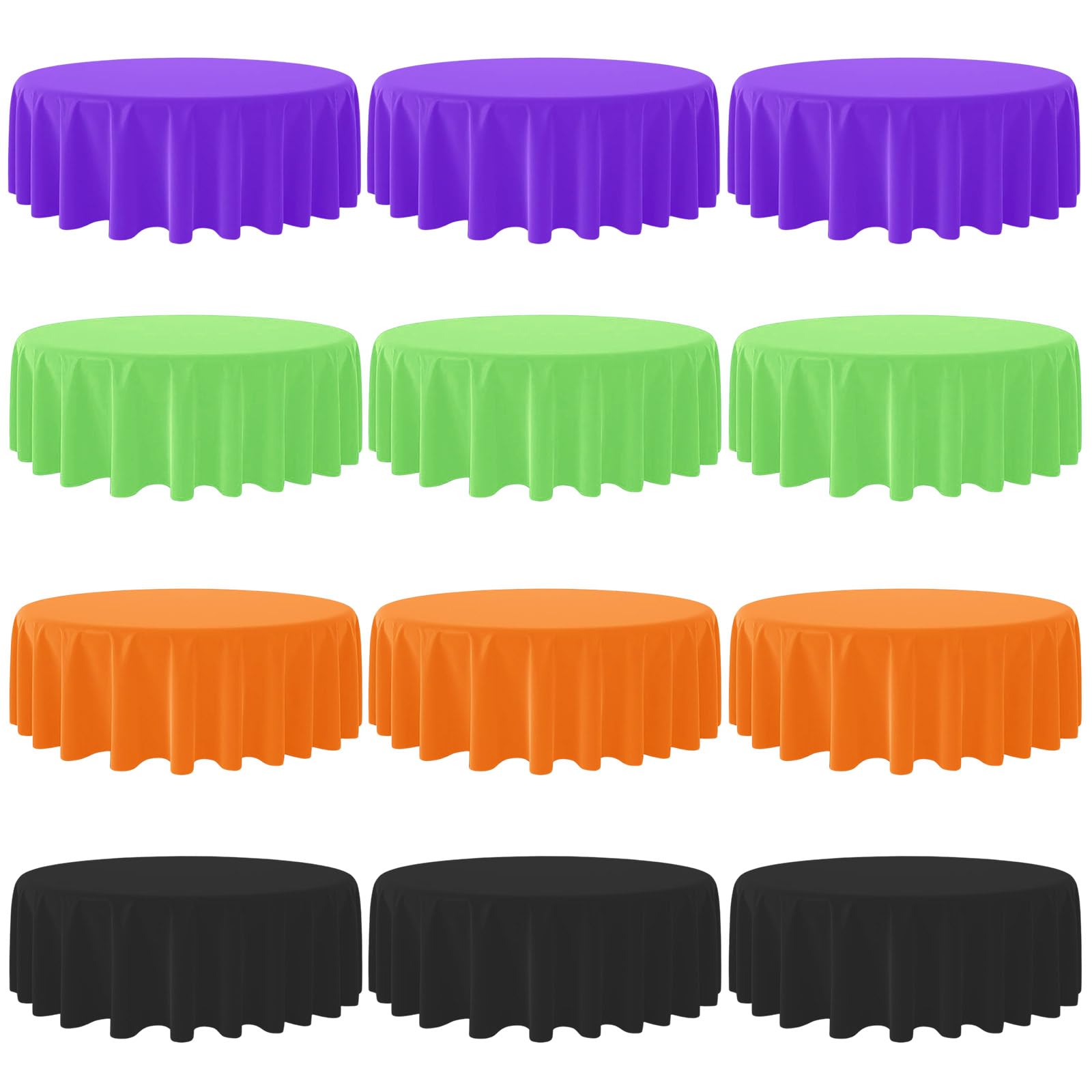 Rainmae 12pcs Halloween Disposable Plastic Tablecloth for Round Tables, 84IN Waterproof Table Covers for Halloween Indoor Outdoor Events and Parties(Black Purple Orange Green)