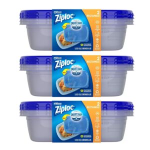 Ziploc Food Storage Meal Prep Containers with Smart Snap Technology, Rectangle, 1.5 QTS, 2 Count, Pack of 3, Clear