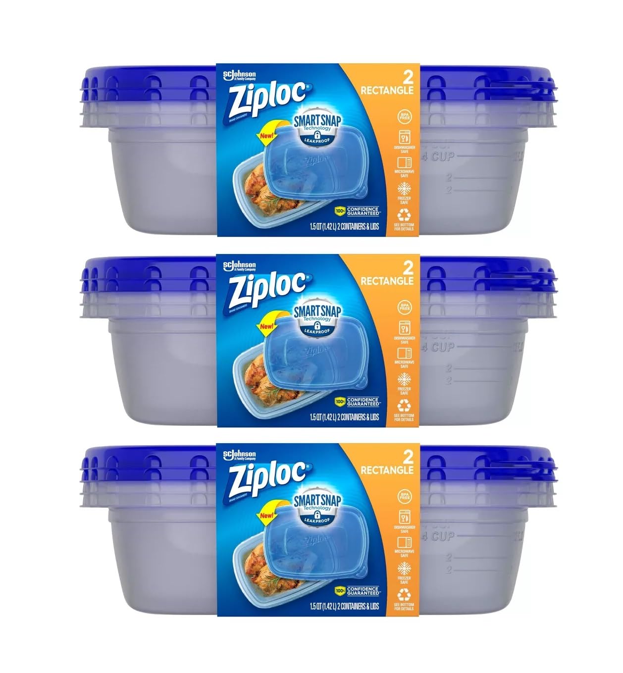 Ziploc Food Storage Meal Prep Containers with Smart Snap Technology, Rectangle, 1.5 QTS, 2 Count, Pack of 3, Clear