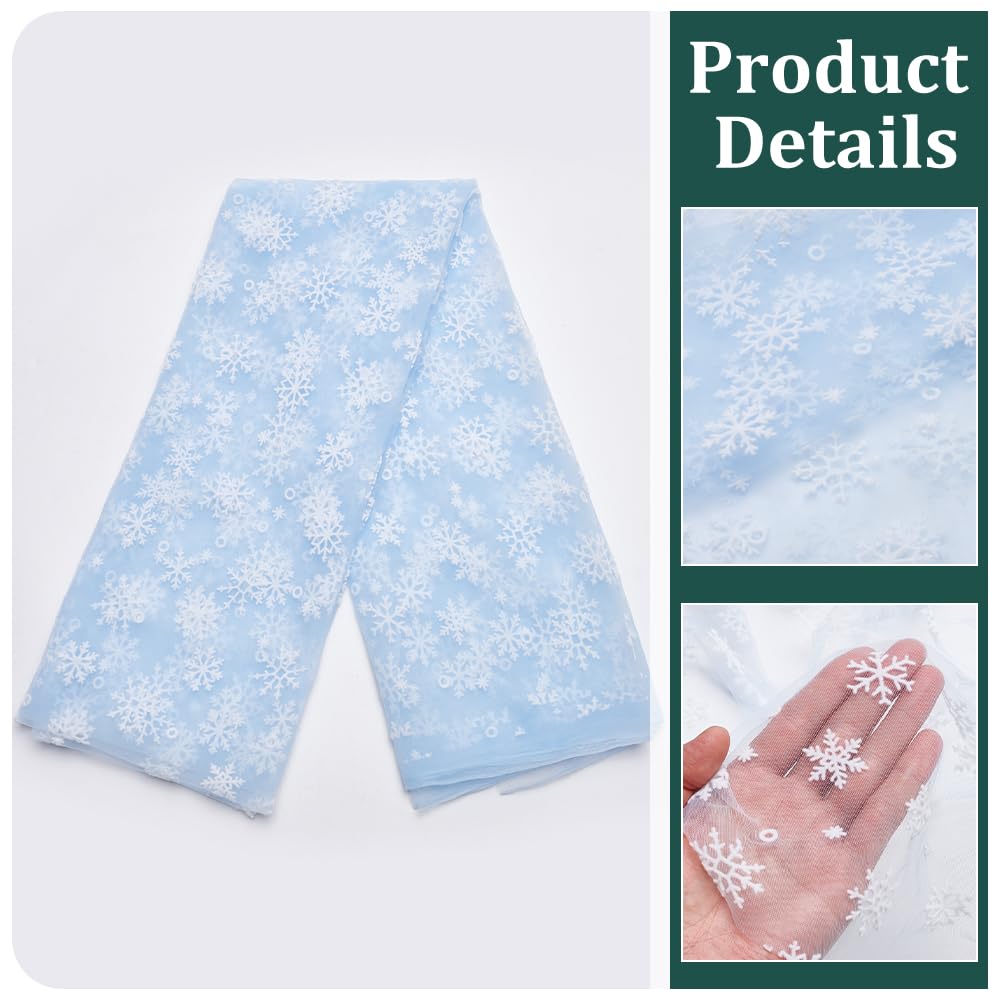 BENECREAT 1.09 Yard Snowflake Tulle Fabric, 69inch Light Blue Sheer Organza Fabric with Velvet Snowflake Pattern for Garment Accessorie, Veils Dress, Curtain Home Christmas Decorations