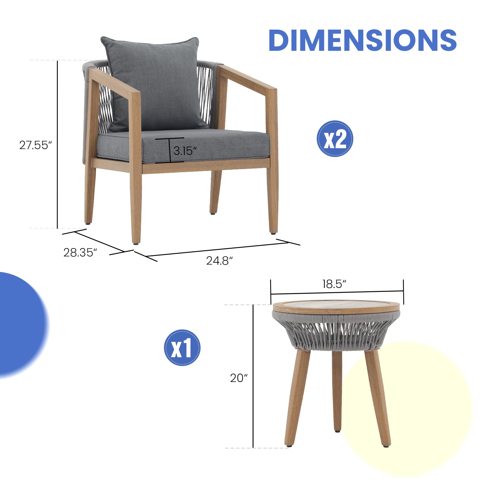 SUNSITT 3 Piece Patio Furniture Set, Aluminum Outdoor Bistro Set w/Wood Grain, Woven Rope Bistro Table and Chairs Set of 2, Patio Conversation Bistro Sets w/Grey Cushions for Balcony, Porch, Backyard