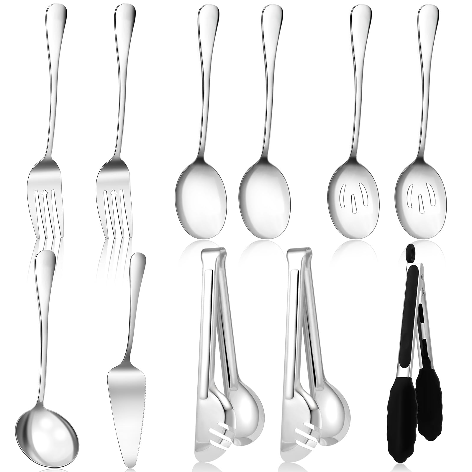 11-Piece Serving Utensils Stainless Steel Large Metal Serving Spoons for Buffet Include Slotted Serving Spoons, Forks, Tongs, Appetizers Tongs, Soup Ladle, and Pie Cake Server for Party