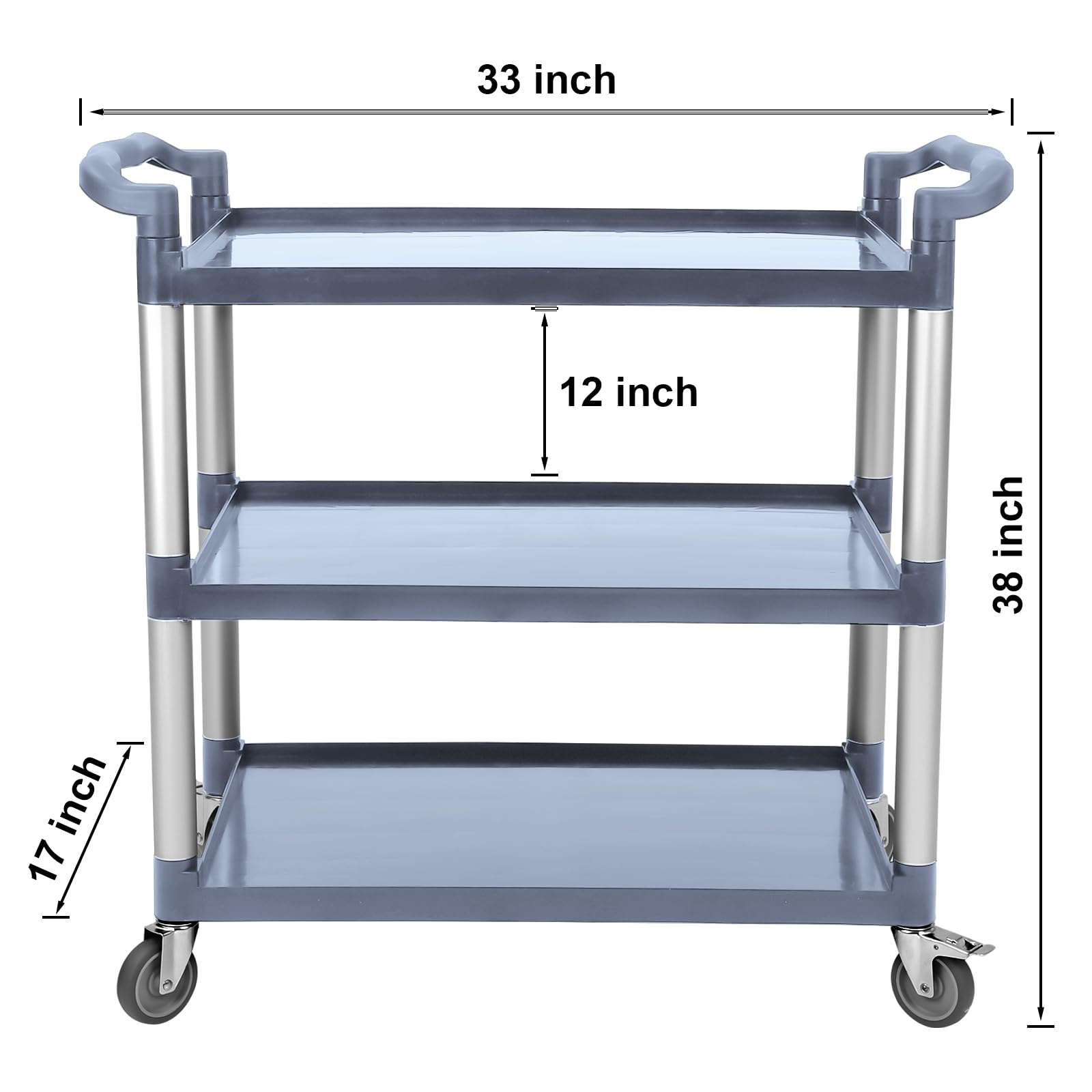 Gravee Service Cart Heavy Duty 3-Shelf Rolling Utility/Push Cart with Lockable Wheels, 360 lbs. Capacity, Black, for Foodservice/Restaurant/Cleaning grey