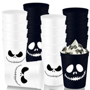 krelhia 16 pcs christmas nightmare party plastic cups,reusable white and black plastic cups baby shower camping party supplies for halloween skeleton demon birthday party decoration supplies (16oz)