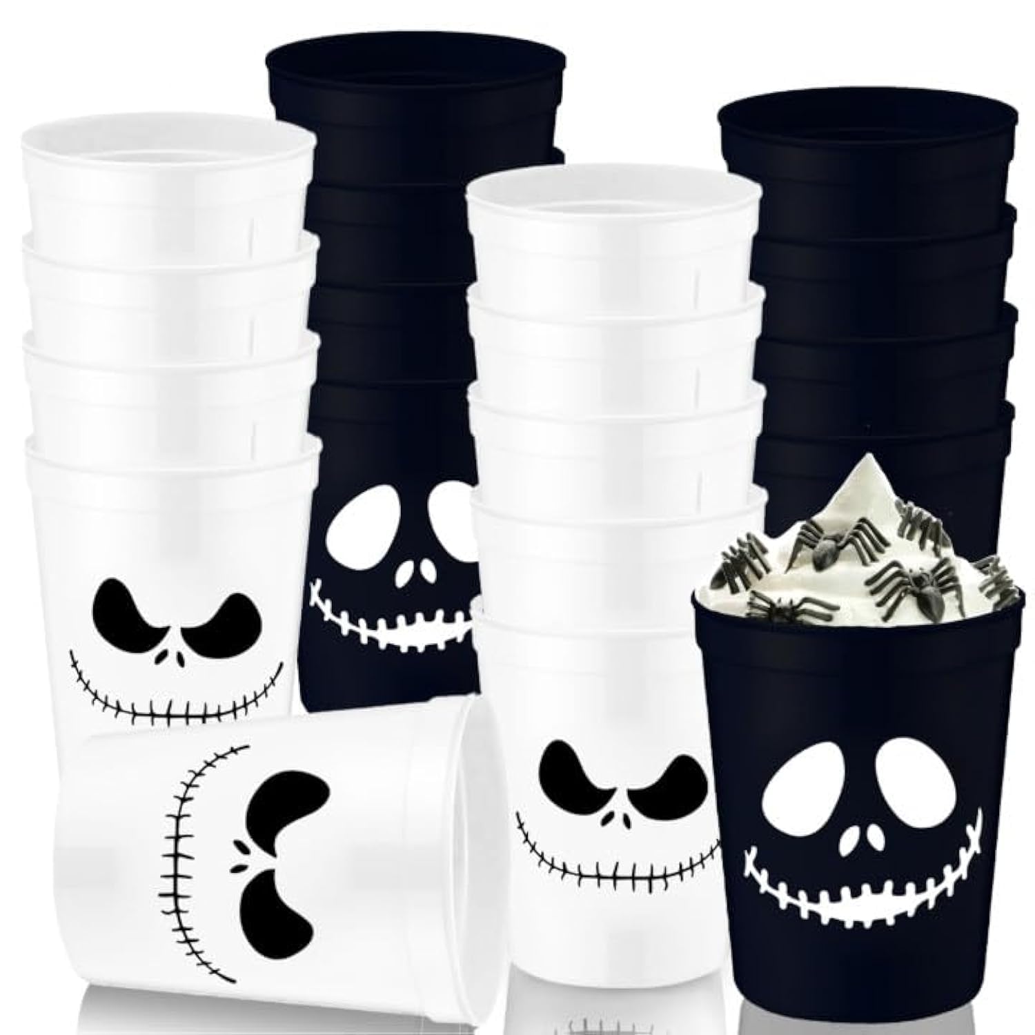 krelhia 16 PCS Christmas Nightmare Party Plastic Cups,Reusable White and Black Plastic Cups Baby Shower Camping Party Supplies for Halloween Skeleton Demon Birthday Party Decoration Supplies (16OZ)