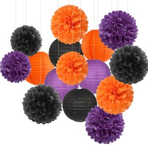 purple-orange black party-decorations paper-flowers lanterns - 15pcs halloween tissue pom poms streamers,vintage birthday retro baby bridal shower wedding bachelorette hanging supplies decor hugfond