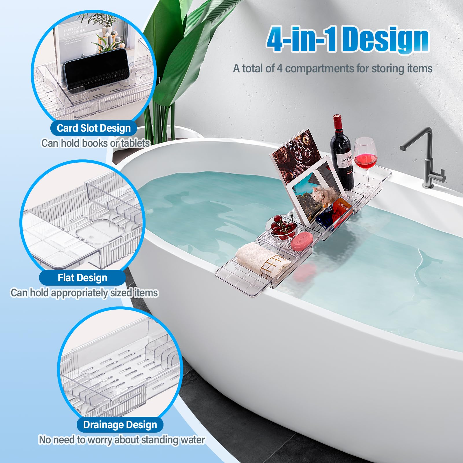 HOMEE Acrylic Bathtub Tray, Expandable Bath Caddy Tray for Bathtub, Bath Tub Tray Table, Adjustable Bath Shelf Tub Board Organizer Trays for Bathroom