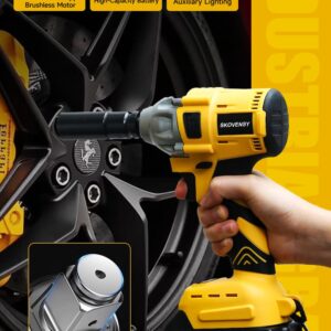 SKOVENSY Cordless Impact Wrench 258Ft-lb（350N.m）, 1/2 Impact Gun, 2 Batteries, Pistola de Impacto, with 5 Sockets, Electric Impact Driver for Car Tires and Home YELLOW