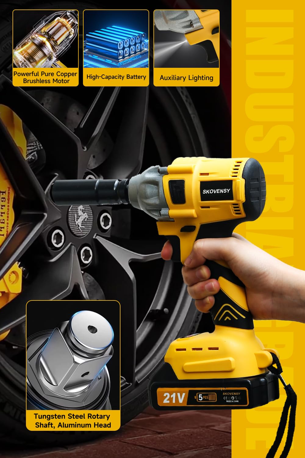 SKOVENSY Cordless Impact Wrench 258Ft-lb（350N.m）, 1/2 Impact Gun, 2 Batteries, Pistola de Impacto, with 5 Sockets, Electric Impact Driver for Car Tires and Home YELLOW