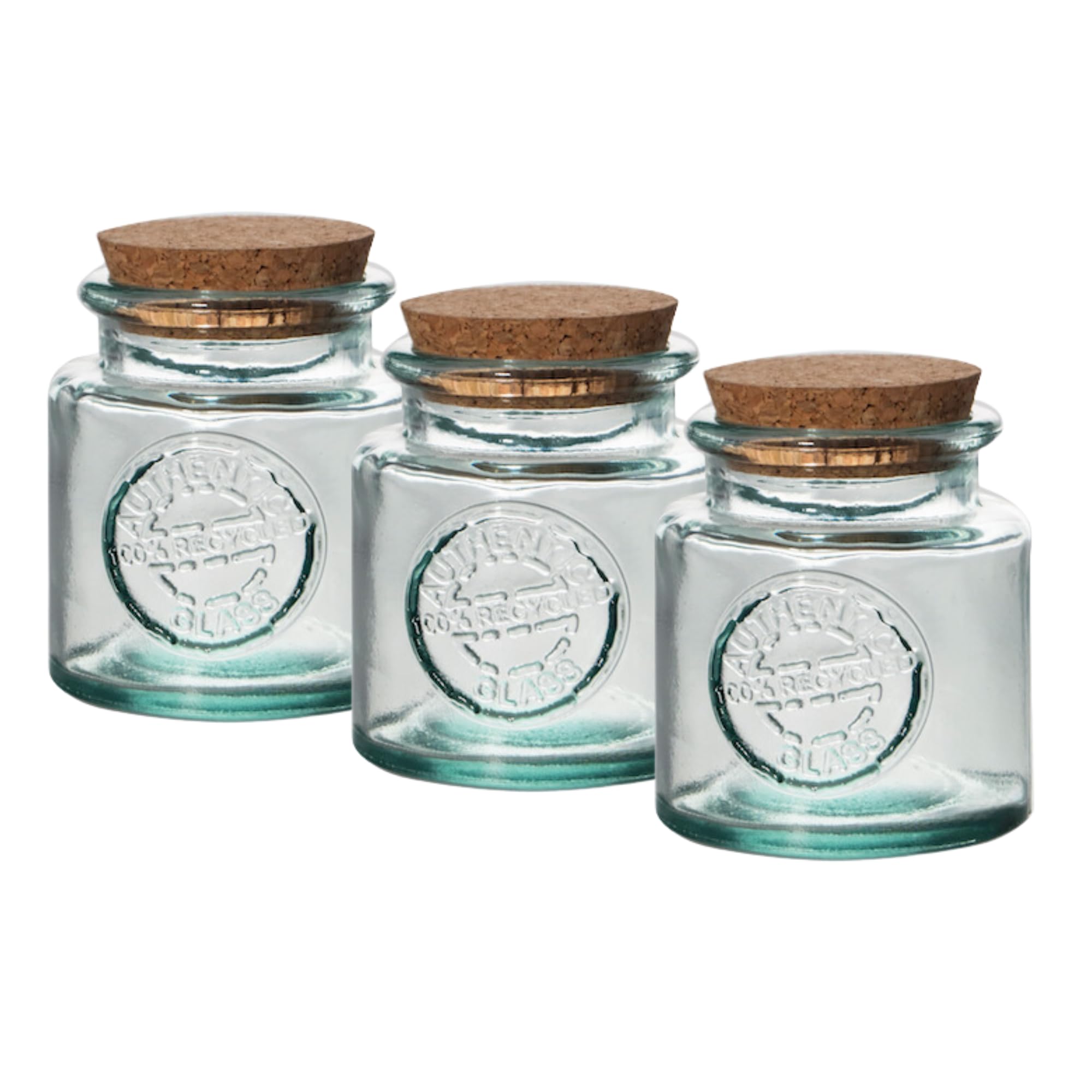 DESIGNED BY VSM, Small Apothecary Jars With Cork Lids, Made Of 100% Recycled Glass | Bathroom Decor Aesthetic, Cotton Ball Holder, Qtip Holder, Bath Salt Container, Vanity Decor, 3pack, Made in Spain.