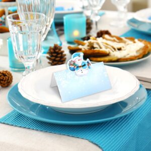 Whaline 90Pcs Christmas Place Cards 2 x 3.5 Inch Blue Purple Snowman Snowflake Tent Name Cards Blank Seat Assignment Labels for Winter Xmas Party Table Setting Supplies