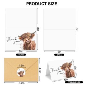 HiABNRT 50 Pack Highland Cow Thank You Cards with Envelopes, 4x6 In Farm Design Greeting Cards Sympathy Cards Bulk for Wedding, Baby & Bridal Shower- with Stickers