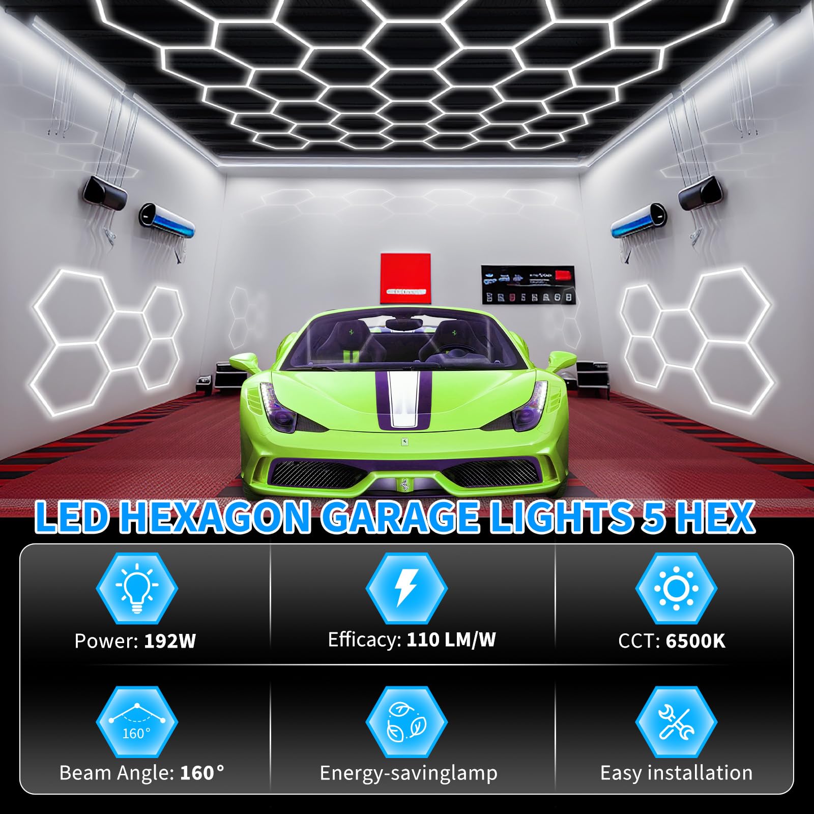 Ludapp Hexagon Garage Lights Ceiling led, 5 HEX Grid Systems Honeycomb Lights, 6500K Cooler Light for hex Lights, Aluminum Hexagonal Shop Lights for Garage, Shop, Gym