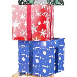 JWSCYSY Assorted Designs Christmas Gift Boxes with Lids, Tissue Papers and Ribbons, Medium Square Gift Boxes - 4 Pcs (8.7 Inch), Gift Wrapping Christmas Holiday New Year Presents Party Favor Boxes.