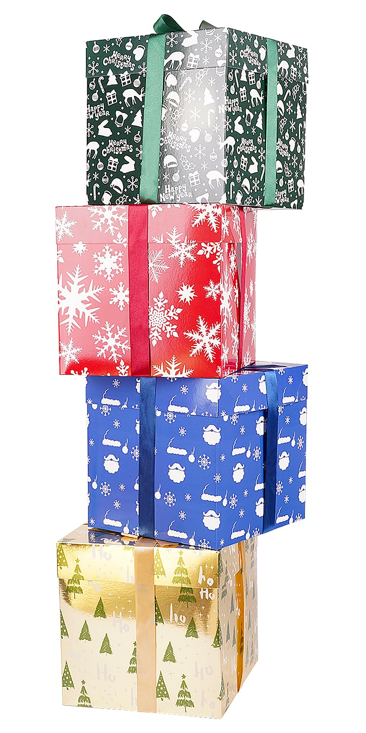 JWSCYSY Assorted Designs Christmas Gift Boxes with Lids, Tissue Papers and Ribbons, Medium Square Gift Boxes - 4 Pcs (8.7 Inch), Gift Wrapping Christmas Holiday New Year Presents Party Favor Boxes.