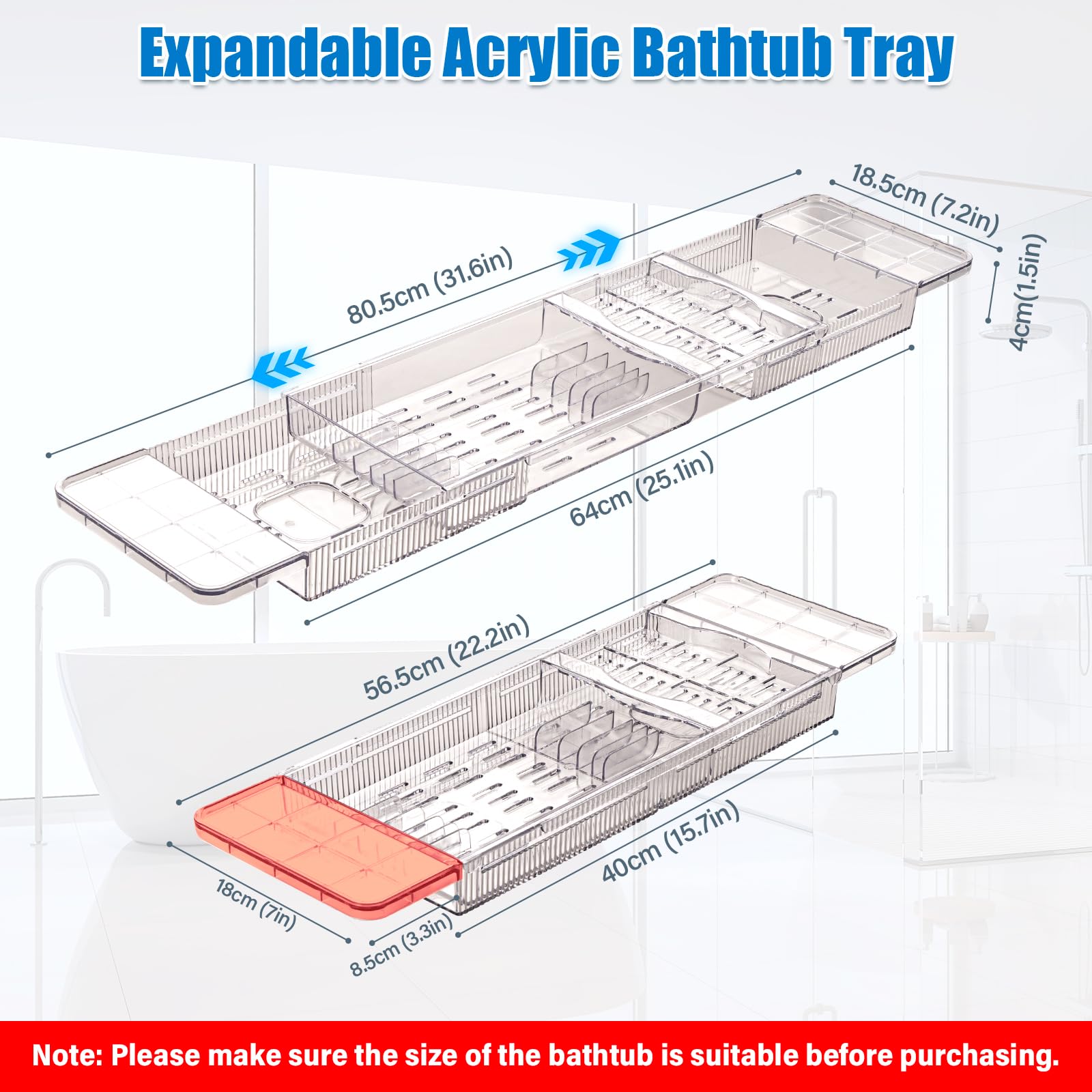 HOMEE Acrylic Bathtub Tray, Expandable Bath Caddy Tray for Bathtub, Bath Tub Tray Table, Adjustable Bath Shelf Tub Board Organizer Trays for Bathroom