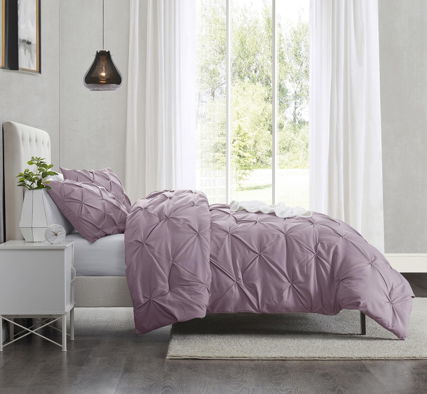 Clara Clark Dusty Purple Duvet Cover Queen Size - Pintuck Queen Duvet Cover Set, 3 Piece Double Brushed Duvet Covers with Button Closure, 1 Pinch Pleated Duvet Cover 90x90 inches and 2 Pillow Shams