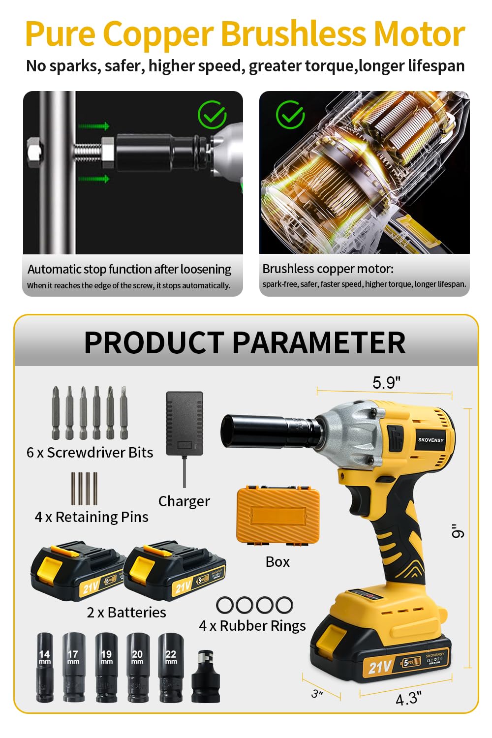 SKOVENSY Cordless Impact Wrench 258Ft-lb（350N.m）, 1/2 Impact Gun, 2 Batteries, Pistola de Impacto, with 5 Sockets, Electric Impact Driver for Car Tires and Home YELLOW