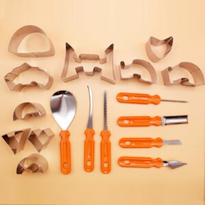 17PCS Halloween Pumpkin Carving Kit, 7PCS Heavy Duty Stainless Steel Carving Tools with 10PCS Pumpkin Carving Stencils, DIY Halloween Decoration Jack O Lantern Professional Pumpkin Carving for Adults