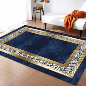 ushirug premium indoor area rug, 3x4ft, contemporary simple geometric and gold border design navy blue rug, non-slip non-shedding rug, comfortable and casual living room bedroom soft rug