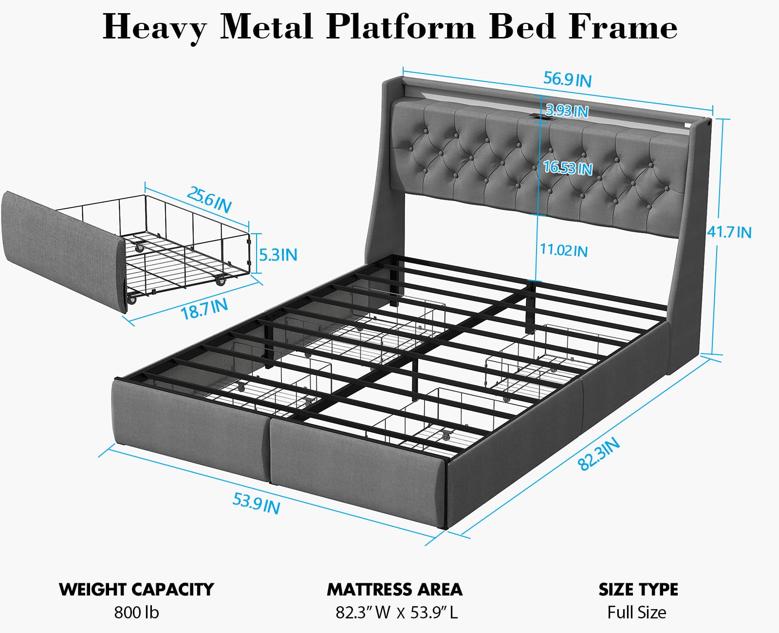 Doltoro Full Size Bed Frame with 4 Storage Drawers and Upholstered Headboard, Button Tufted Platform Bed with LED Lights and Charging Station, No Box Spring Needed, Easy Assembly, Gray