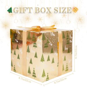 JWSCYSY Assorted Designs Christmas Gift Boxes with Lids, Tissue Papers and Ribbons, Medium Square Gift Boxes - 4 Pcs (8.7 Inch), Gift Wrapping Christmas Holiday New Year Presents Party Favor Boxes.