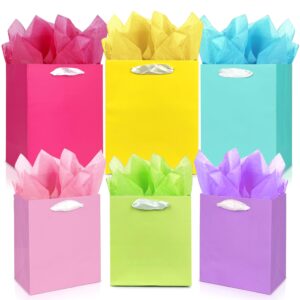 mumululu 6 pack gift bags assorted sizes colorful paper gift wrap bags with handle and tissue paper for birthday party baby shower wedding holiday presents (3 small 6", 3 medium 9")