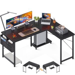 casaottima 50 inch l shaped desk, computer desk with removable pc stand, reversible home office desk with storage bag for gaming writing, corner desk for bedroom, small space, black