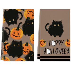 qiong meng happy halloween kitchen towels set of 2 black cat pumpkins absorbent dish towels hand towel for kitchen decorative cleaning cooking 18x26 inch