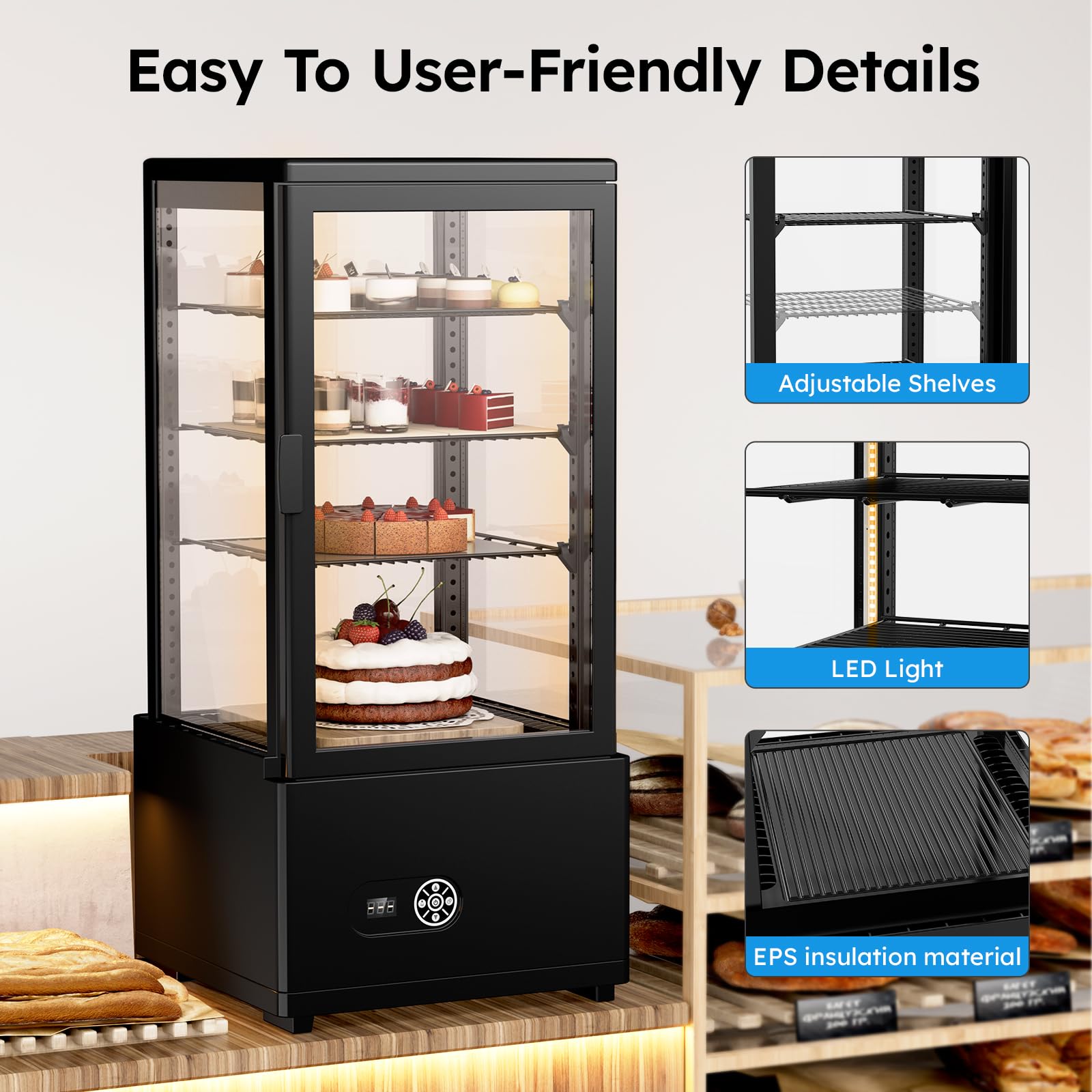 Commercial Display Cake Refrigerator, 3Cu. FT (86 L) Commercial Refrigerator Display Case, Double-Layered Glass Display Cake Fridge with Interior LED Lighting, Ideal for Home, Store and Cafe, Bakery