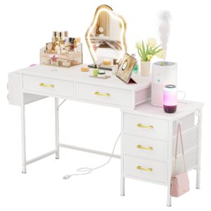 yilqqper vanity desk without mirror, makeup vanity with 5 fabric drawers, white vanity desk dressing vanity table with charging station, 50 inch large girl vanity, desk make up vanity for girls, white