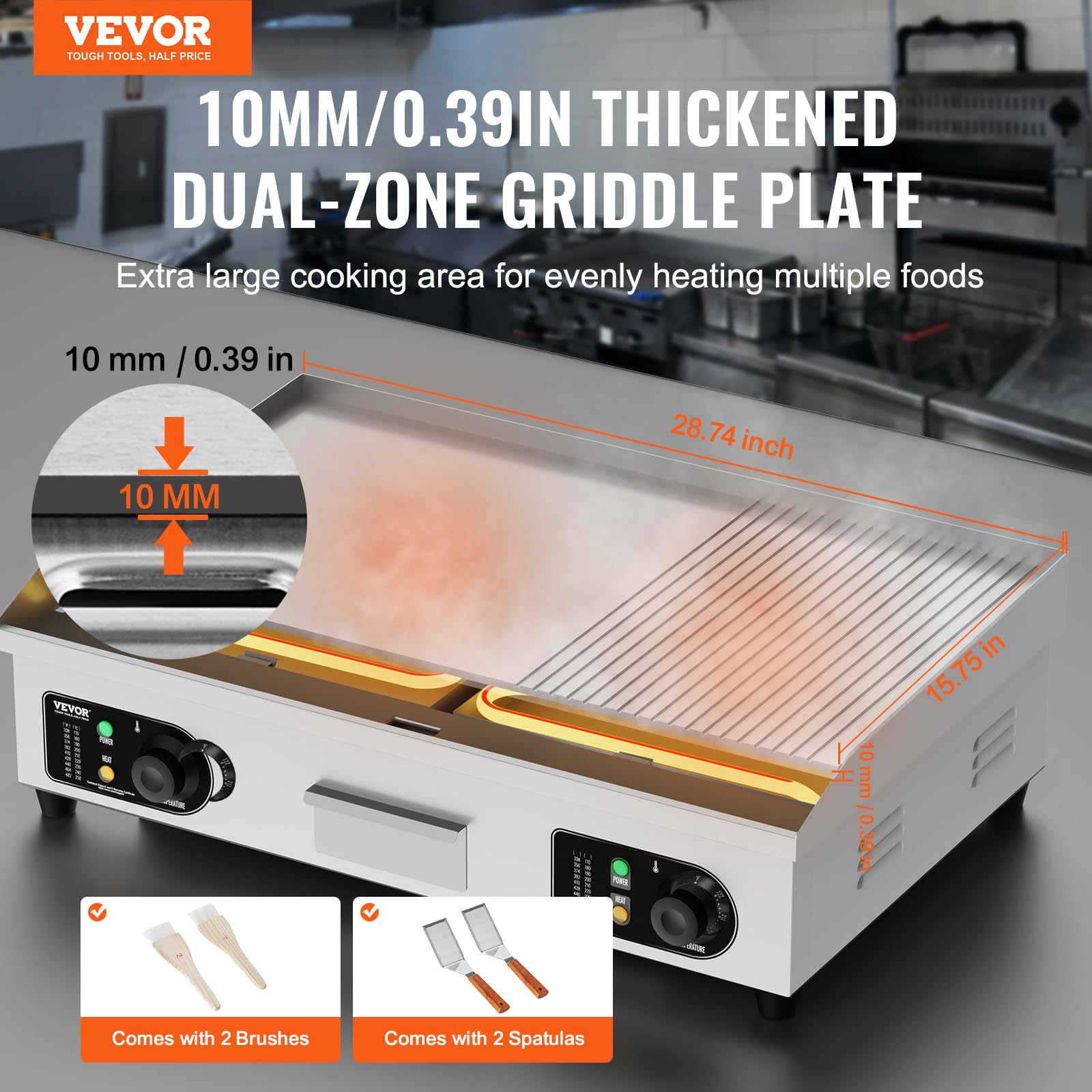 VEVOR Commercial Electric Griddle, 2800W Countertop Half-Flat Top Grill, 29in Stainless Steel Griddle Grill with 2 Shovels and 2 Brushes for Home or Restaurant, 122℉-572℉ Adjustable Temp