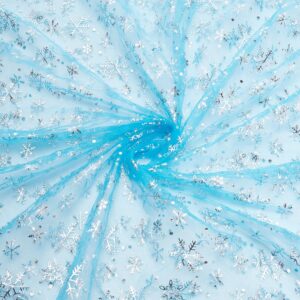 benecreat 1 yard snowflake tulle fabric, 63inch blue sheer organza fabric with silver foil snowflake print for garment accessorie, veils dress, curtain home christmas decorations