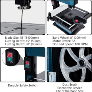 PioneerWorks 3-Amp & 8-Inch Bandsaw, 1800FPM Benchtop Bandsaw with Removable Safty Key, 0-45 Tilting Range, Saw For Cutting Wood with Fence and Miter Gauge, Band Saws for Woodworking