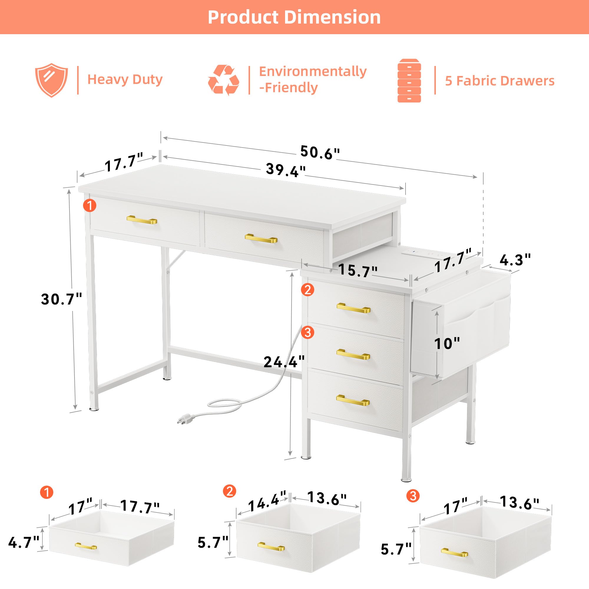 YILQQPER Vanity Desk without Mirror, Makeup Vanity with 5 Fabric Drawers, White Vanity Desk Dressing Vanity Table with Charging Station, 50 Inch Large Girl Vanity, Desk Make Up Vanity for Girls, White