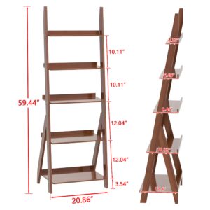 DOUSY-5-Tier Ladder Shelf Bookcase, Bamboo Ladder Bookshelf Leaning Bookshelf, Freestanding Storage Shelf Boho Bookshelf for Living Room, Home Office, Bedroom, Balcony, Walnut