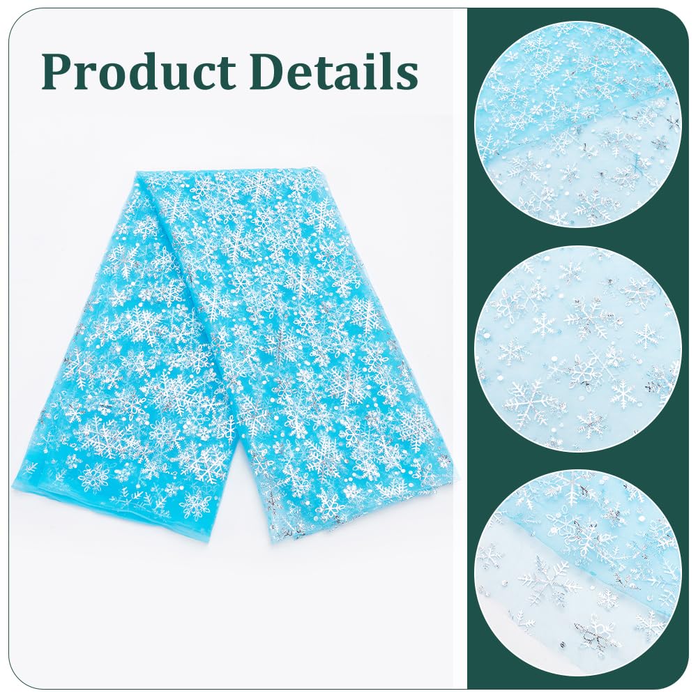 BENECREAT 1 Yard Snowflake Tulle Fabric, 63inch Blue Sheer Organza Fabric with Silver Foil Snowflake Print for Garment Accessorie, Veils Dress, Curtain Home Christmas Decorations