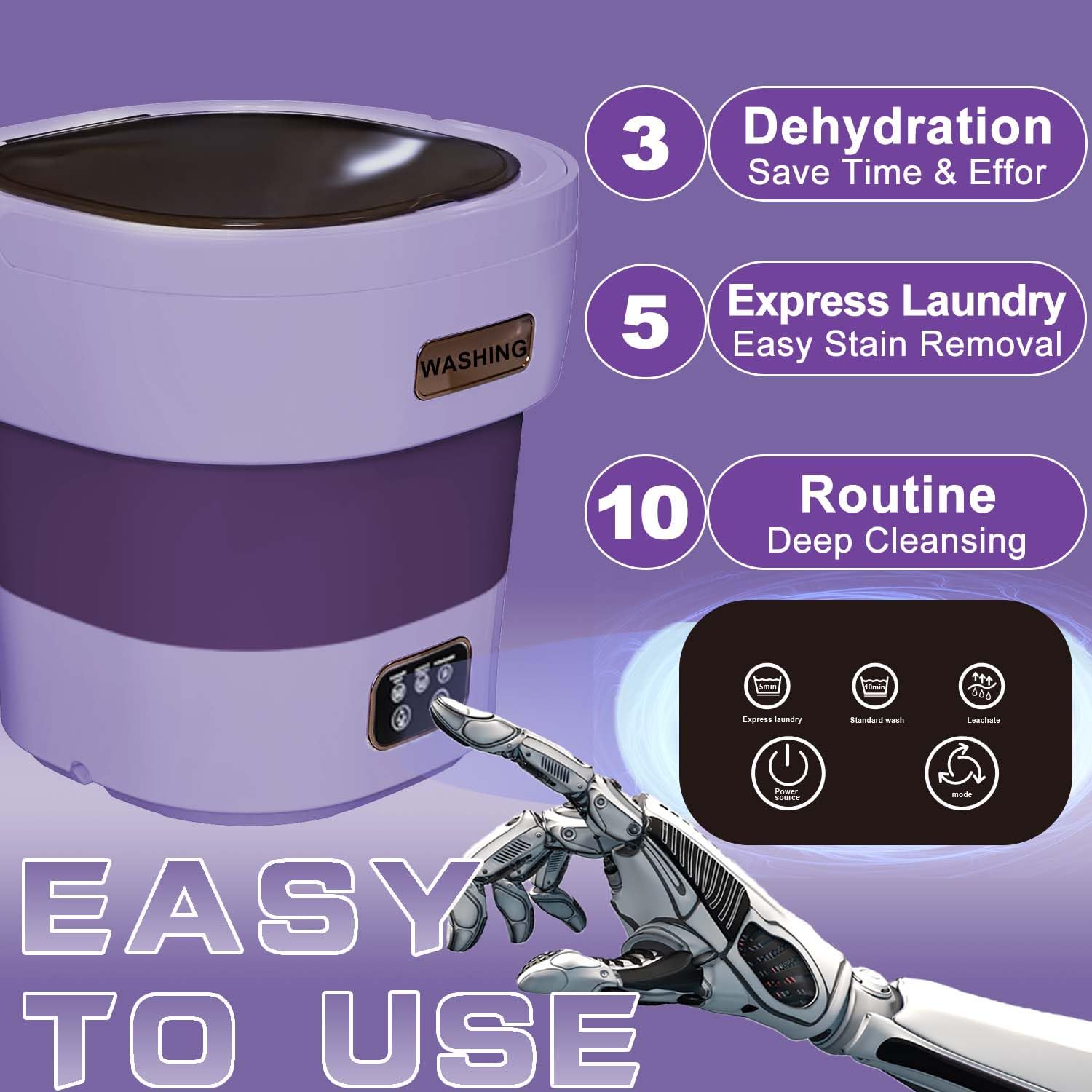 Mini Washing Machine, 15L Portable Washer, Foldable Washing Machine with Spin, Small Portable Washer and Dryer Combo for Apartments, Camping, Travel(Purple)