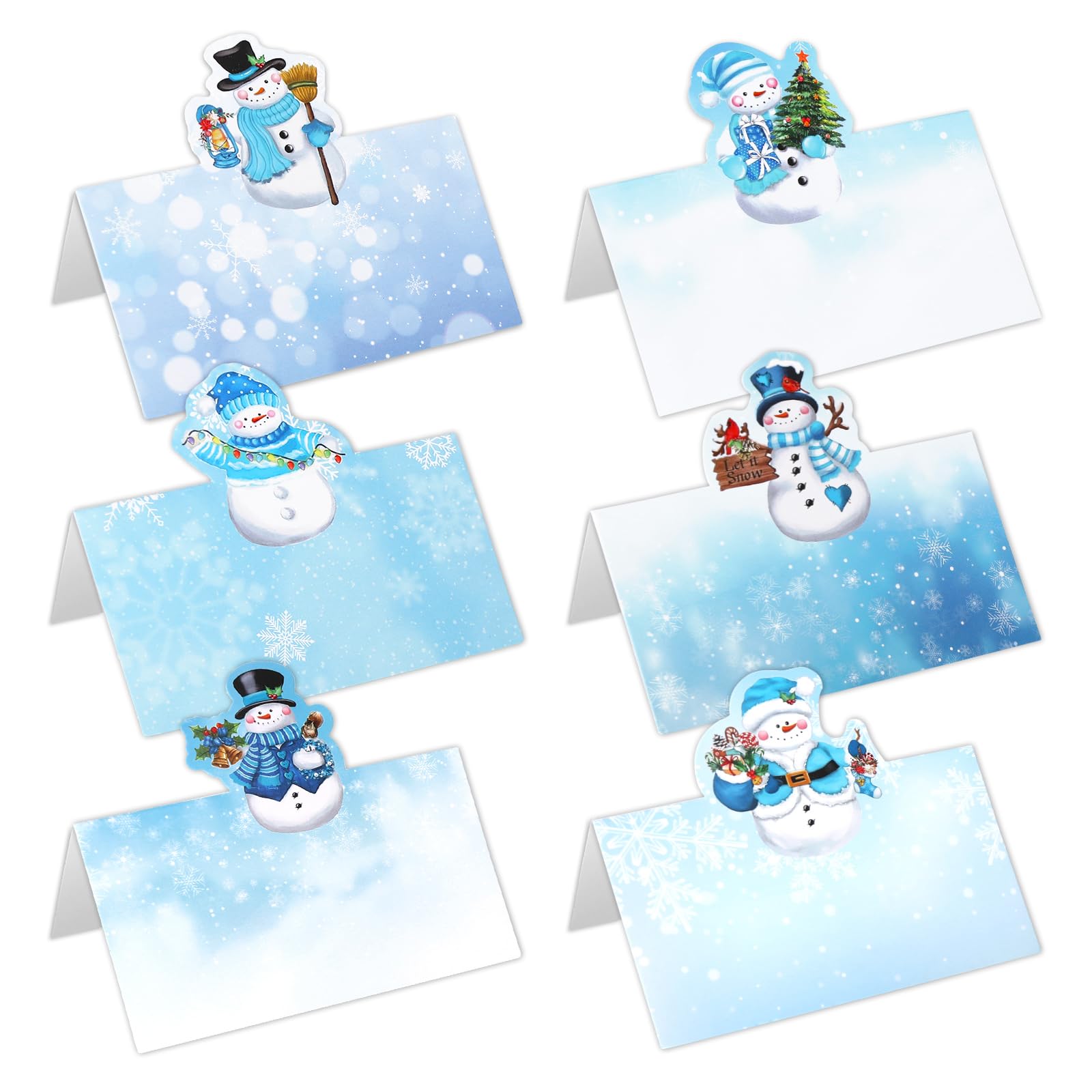 Whaline 90Pcs Christmas Place Cards 2 x 3.5 Inch Blue Purple Snowman Snowflake Tent Name Cards Blank Seat Assignment Labels for Winter Xmas Party Table Setting Supplies