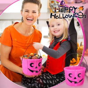 Jenaai 4 Halloween Trick or Treat Buckets Halloween Pumpkin Buckets Halloween Party Favors Pumpkin Face Candy Basket Plastic Pail Candy Bowl Holder with Handle or Party Decoration (Pink)