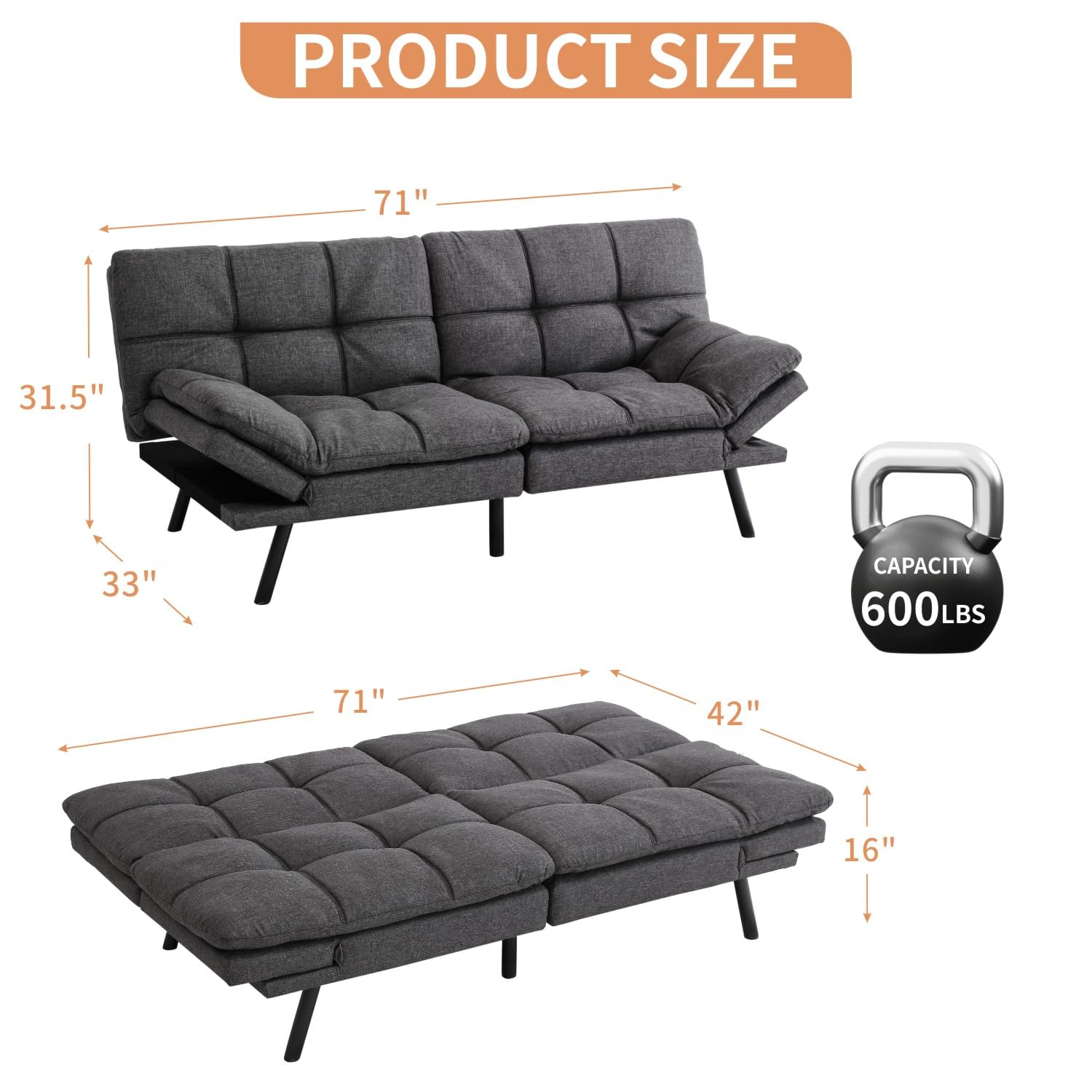 MUUEGM Futon Adjustable Sofa Bed Couch,Memory Foam Modern Loveseat Sofa Take a Nap,Convertible Sofas for Apartment,Bed Room,Living Room,Office,Small Space Dark Gray