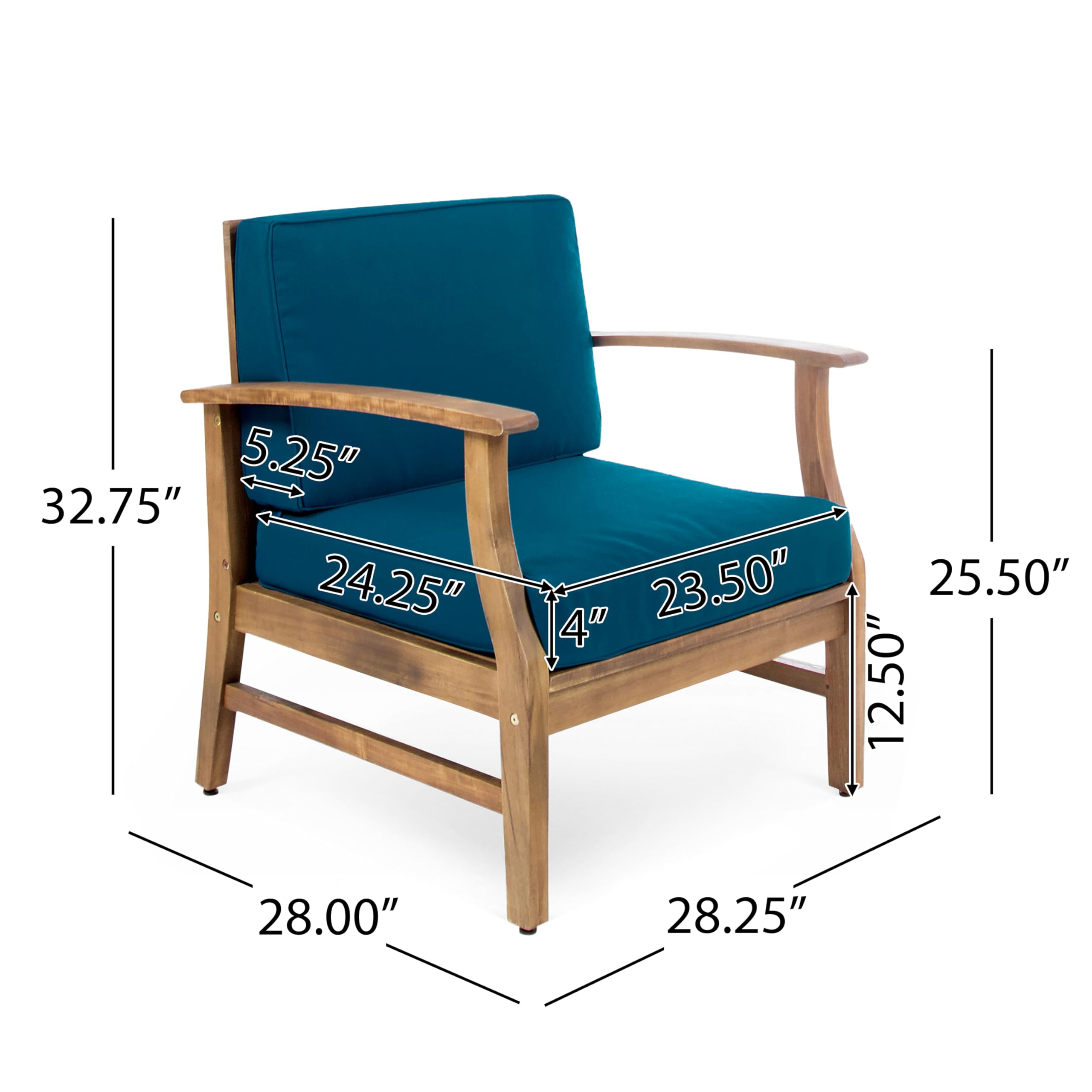 Christopher Knight Home Perla Outdoor 2 Seater Acacia Wood Bistro Set with Cushions, 28.25 "W x 28 "D x 32.75 "H, Teak + Blue