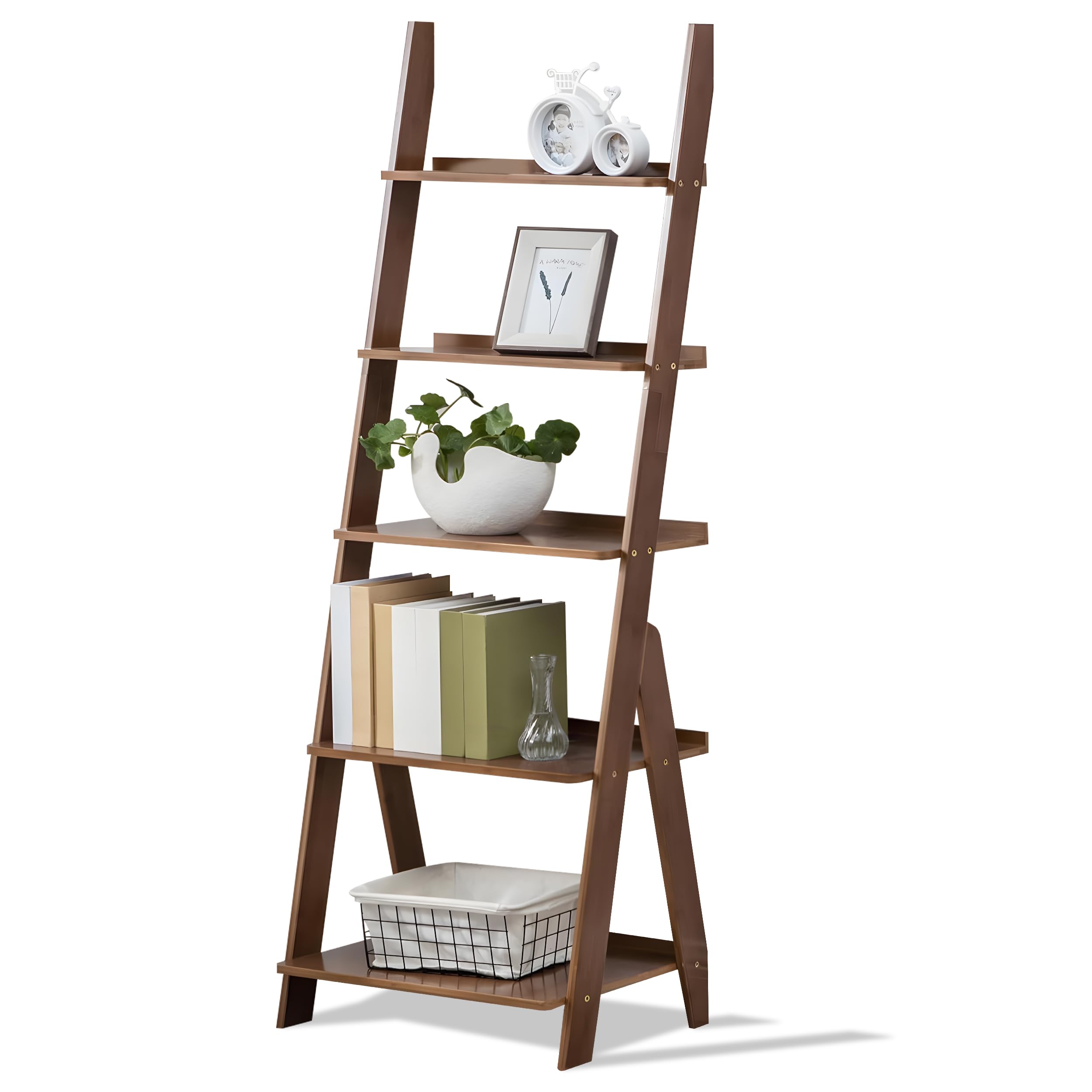 DOUSY-5-Tier Ladder Shelf Bookcase, Bamboo Ladder Bookshelf Leaning Bookshelf, Freestanding Storage Shelf Boho Bookshelf for Living Room, Home Office, Bedroom, Balcony, Walnut