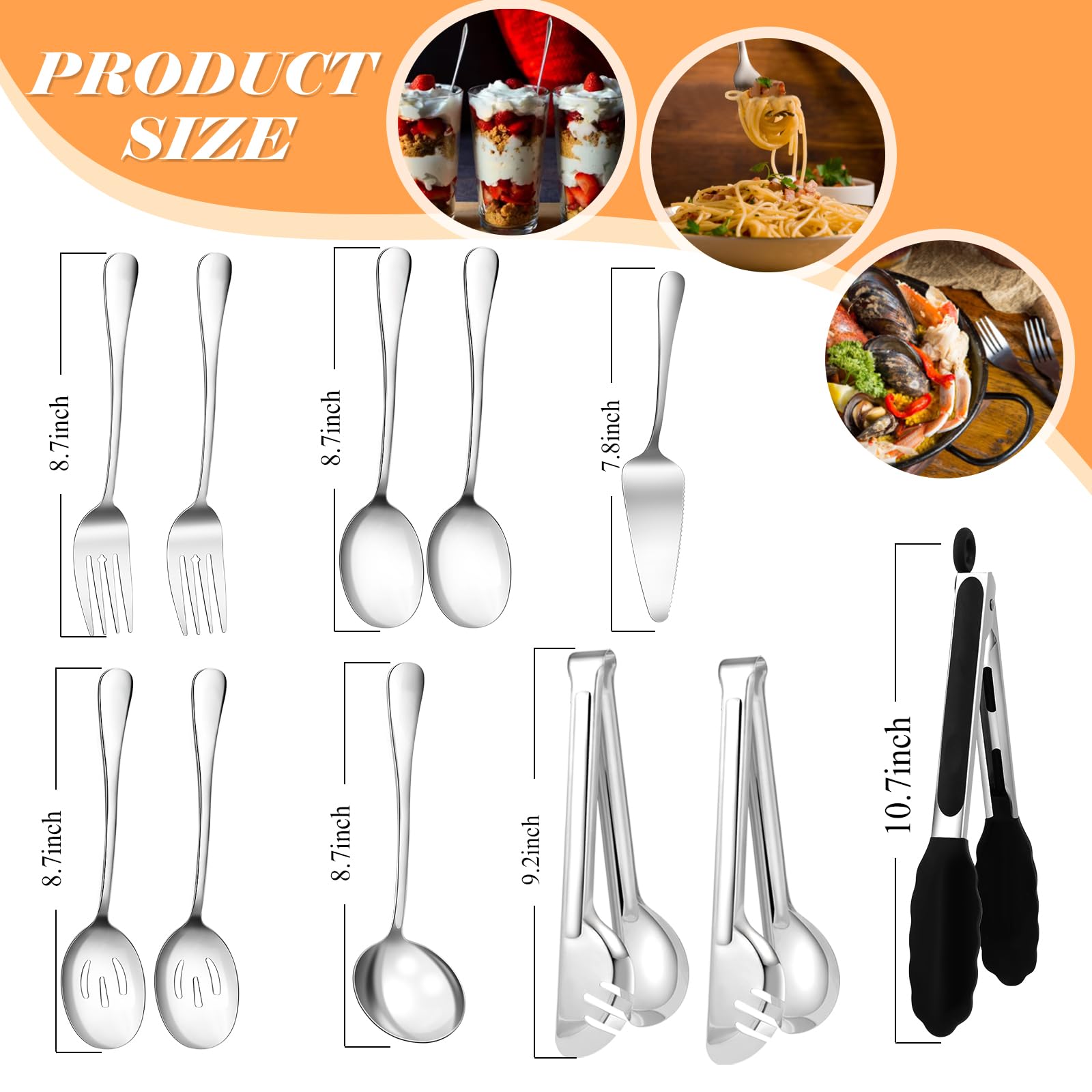 11-Piece Serving Utensils Stainless Steel Large Metal Serving Spoons for Buffet Include Slotted Serving Spoons, Forks, Tongs, Appetizers Tongs, Soup Ladle, and Pie Cake Server for Party